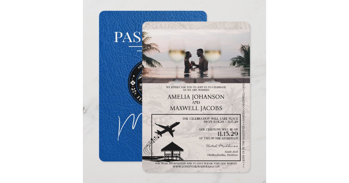 Royal Blue Maldives Passport Wedding Invitation | Zazzle