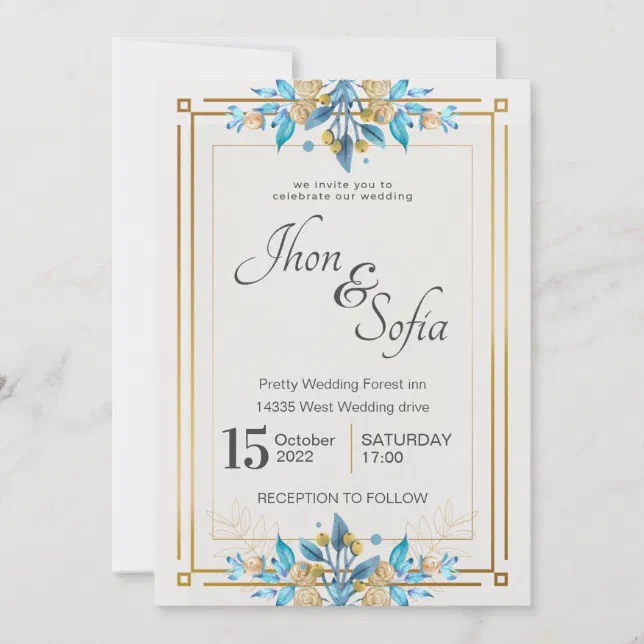 Royal Blue White Gold Floral Wedding Invitation | Zazzle