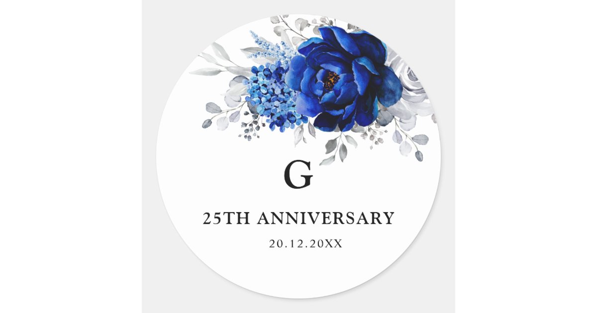 Royal Blue White Metallic Silver Floral Wedding Cl Classic Round ...