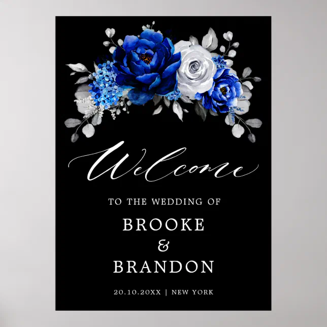 Royal Blue White Silver Floral Wedding Welcome Pos Poster | Zazzle
