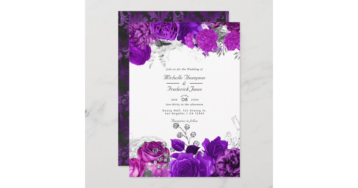 Royal Purple & Silver Floral Wedding QR Code Rsvp Invitation | Zazzle