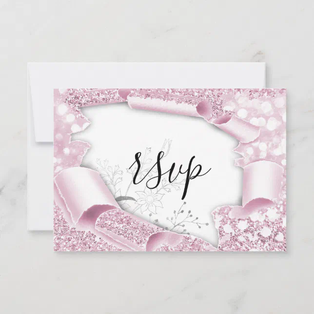 RSVP Wedding Glitter Bridal White Pink Florals | Zazzle