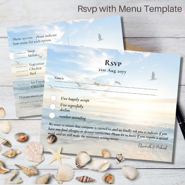 RSVP with Menu Template Beach Destination Coastal Postcard | Zazzle