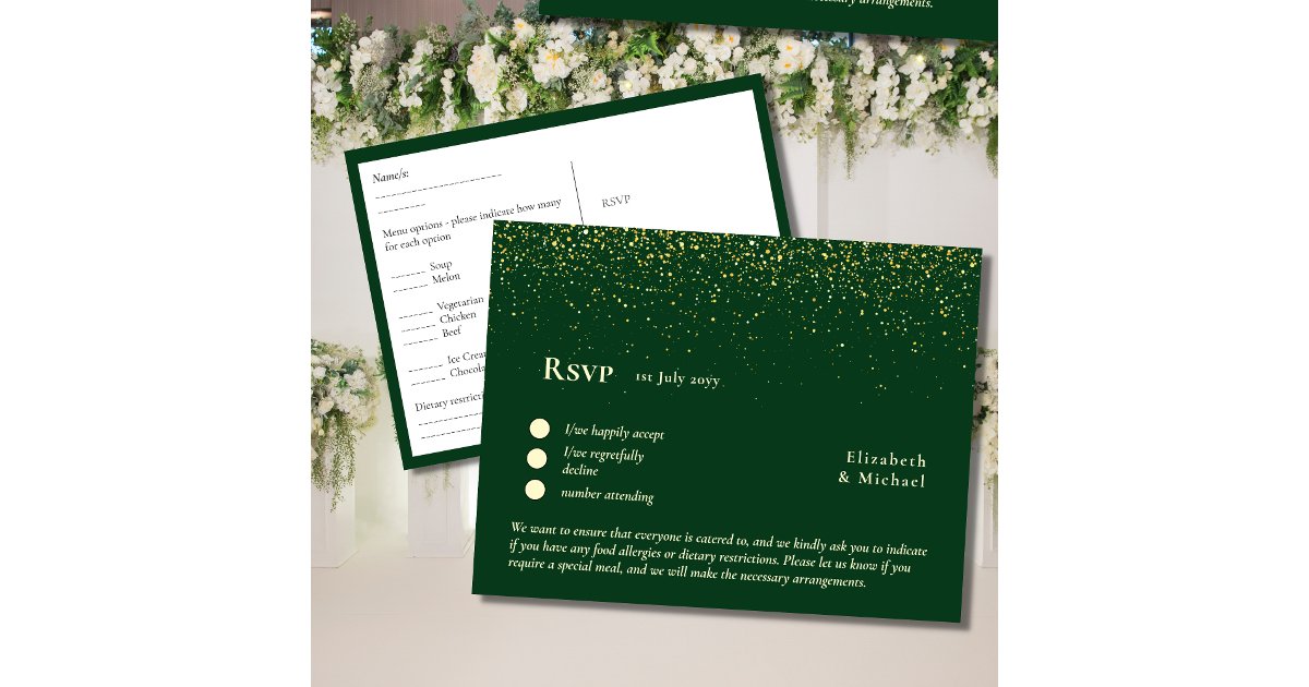 RSVP with Menu Template | Emerald Green Gold RSVP Postcard | Zazzle