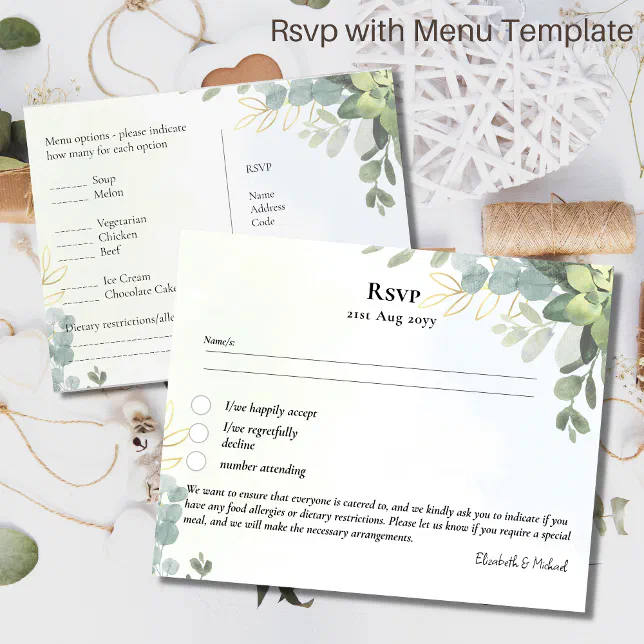 RSVP with Menu Template Rustic Eucalyptus Leaves Postcard | Zazzle
