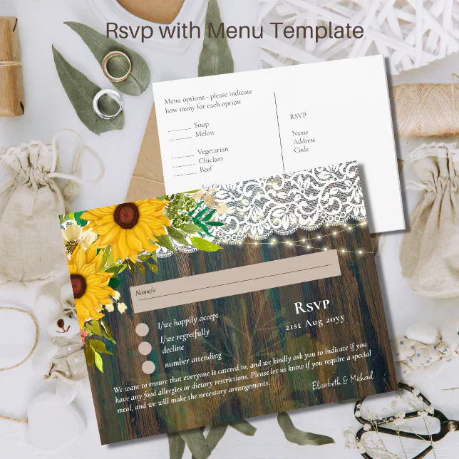 RSVP with Menu Template Rustic Sunflowers Lace Postcard | Zazzle