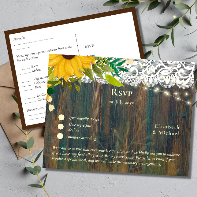 RSVP with Menu Template | Rustic Sunflowers Lace Postcard | Zazzle