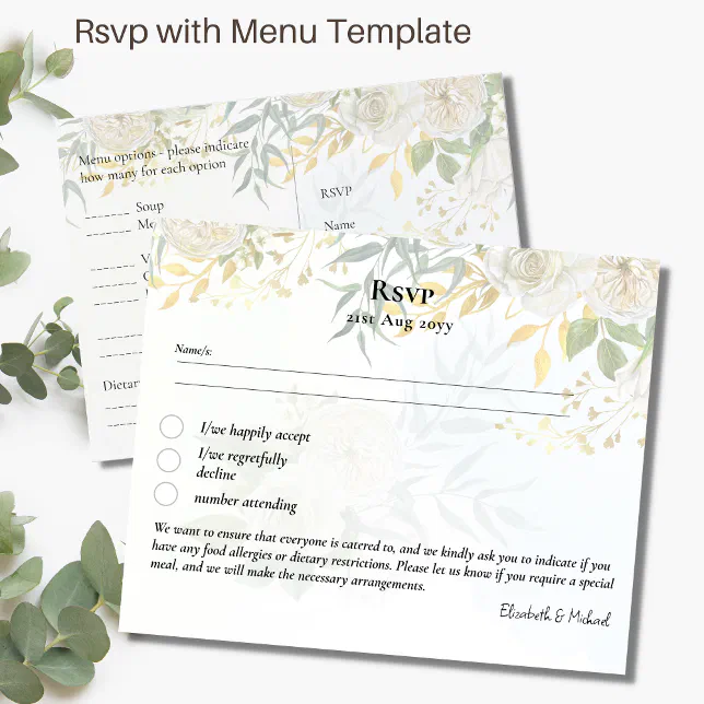 RSVP with Menu Template White Roses Greenery Postcard | Zazzle