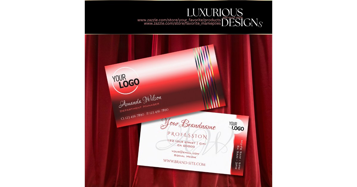 Ruby Red Shimmer Effects Opening Hours add Logo Business Card | Zazzle