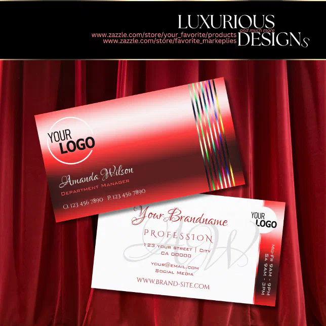 Ruby Red Shimmer Effects Opening Hours add Logo Business Card | Zazzle