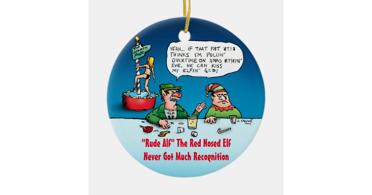 Rude Alf Funny Elf Cartoon Ceramic Tree Decoration | Zazzle