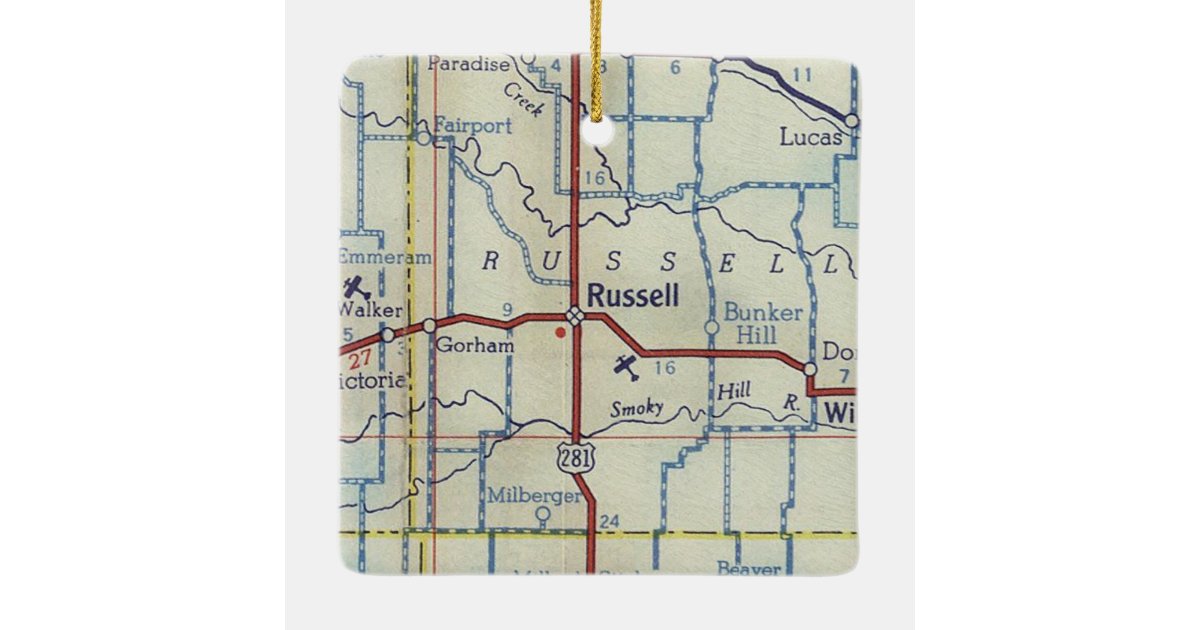 Russell Kansas Vintage Map Ceramic Ornament | Zazzle