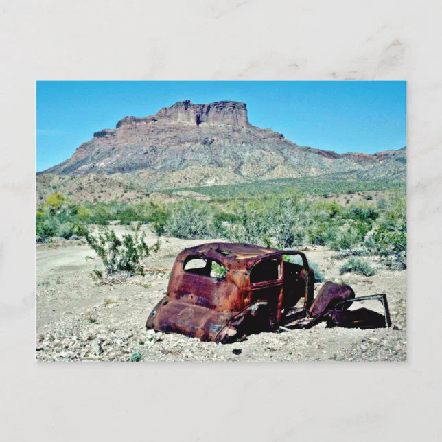 Rusted Antique Car In Front Of Butte Postcard | Zazzle