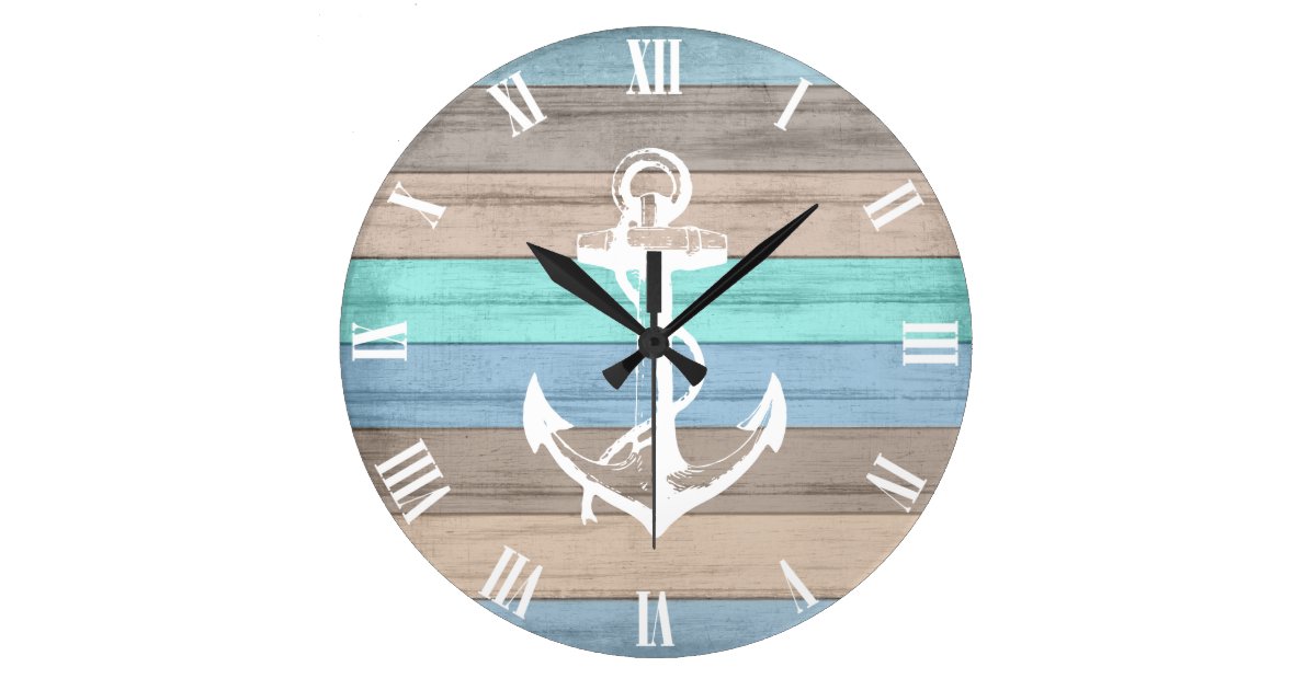 Rustic Beach Wood Nautical Stripes & Anchor Large Clock | Zazzle.co.uk