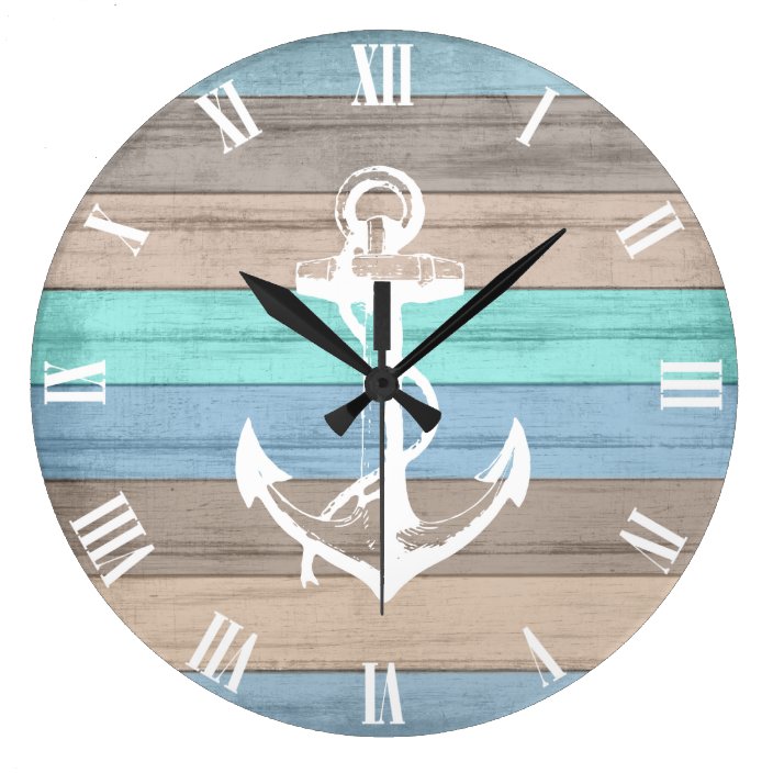 Rustic Beach Wood Nautical Stripes & Anchor Large Clock | Zazzle.co.uk