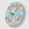 Rustic Beach Wood Nautical Stripes & Anchor Large Clock | Zazzle