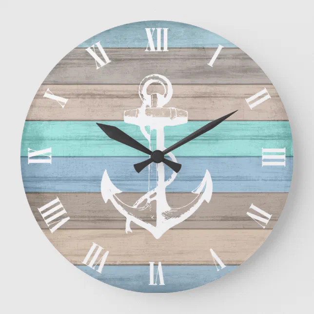 Rustic Beach Wood Nautical Stripes & Anchor Large Clock | Zazzle