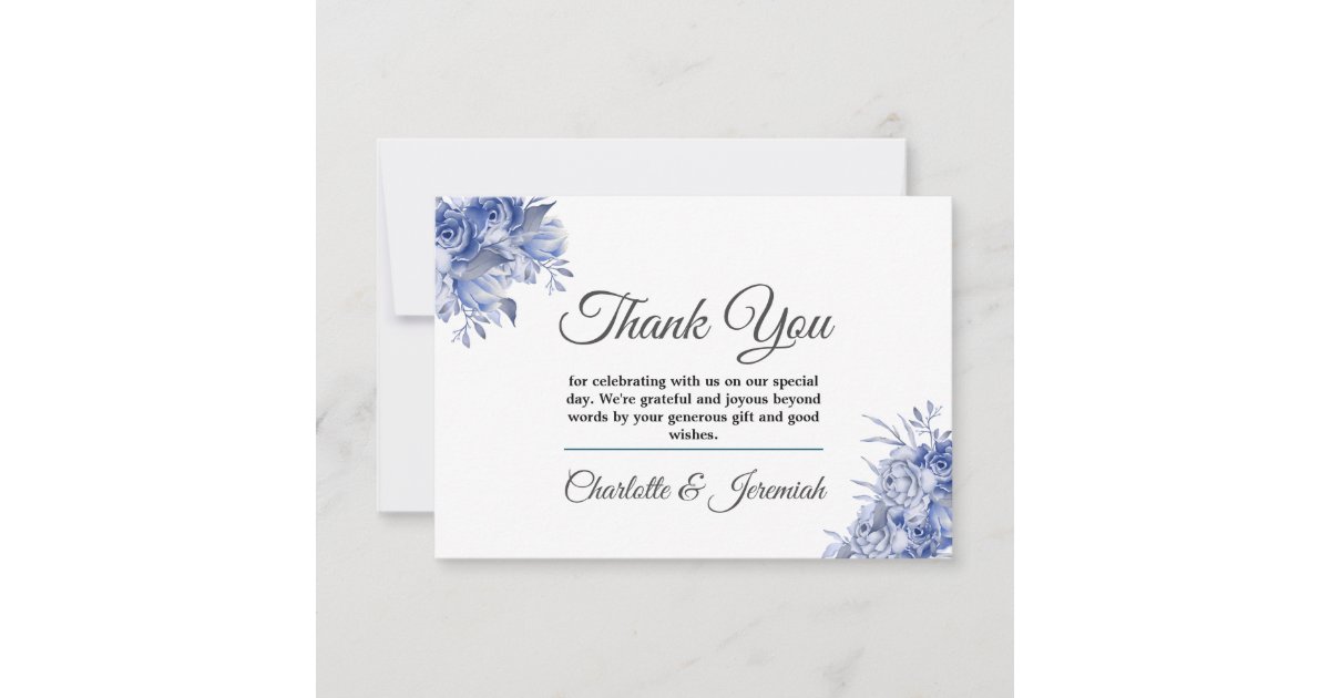 Rustic Blue Floral Watercolor Monogram Wedding Thank You Card | Zazzle