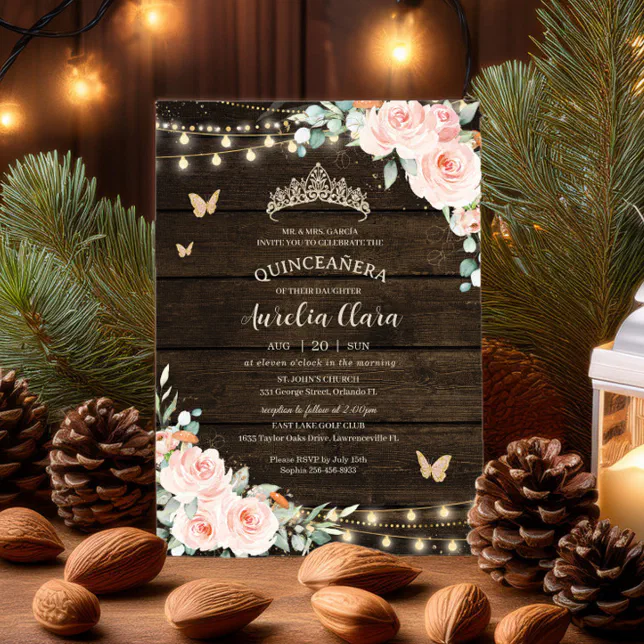 Rustic Blush Floral Enchanted Forest Quinceañera Invitation | Zazzle