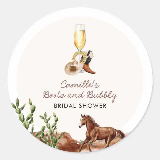 Rustic Boots and Bubbly Bridal Shower Classic Round Sticker | Zazzle