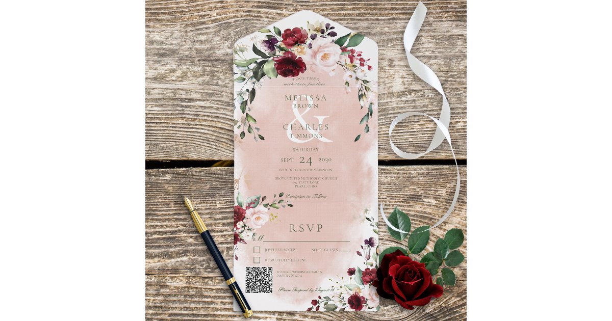 Rustic Burgundy & Blush Pink Roses QR Code All In One Invitation | Zazzle