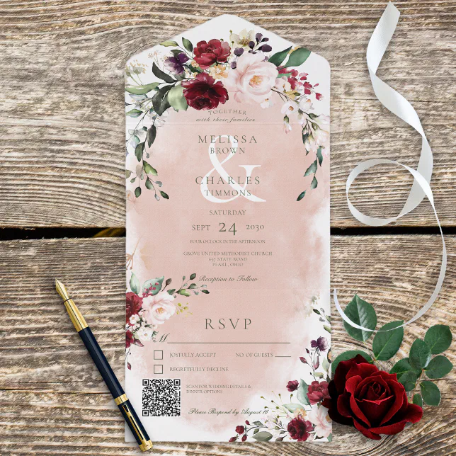 Rustic Burgundy & Blush Pink Roses QR Code All In One Invitation | Zazzle