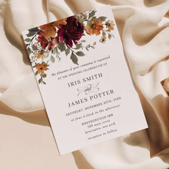 Rustic Burgundy Burnt Orange Rust Floral Wedding Invitation | Zazzle
