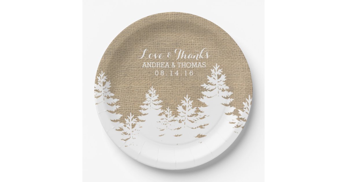 Rustic Burlap Pine Trees Winter Wedding Plates | Zazzle