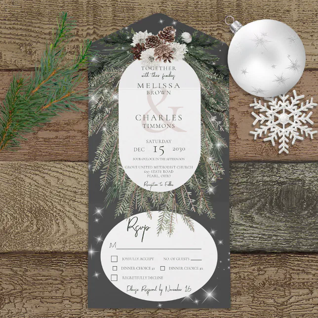 Rustic Charcoal Black Pine Winter Sparkle Dinner All In One Invitation ...