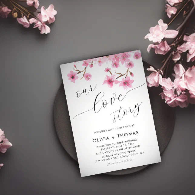 Rustic Chic Cherry Blossoms Our Love Story Wedding Invitation | Zazzle