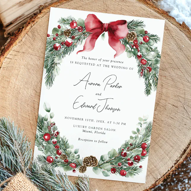 Rustic Christmas Winter Greenery Wedding Invitation | Zazzle