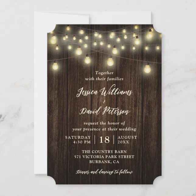 Rustic Country Barn Wood String Lights Wedding Invitation | Zazzle