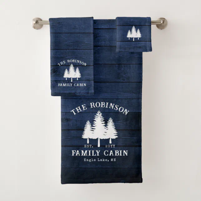 Rustic Country Family Cabin Trees Blue Wood Print Bath Towel Set | Zazzle