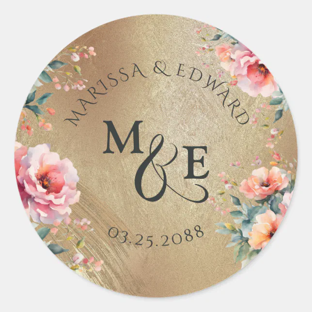 Rustic Country Floral Gold Wedding Favour Classic Round Sticker | Zazzle