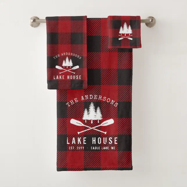 Rustic Country Lake House Tree Red Buffalo Plaid Bath Towel Set | Zazzle