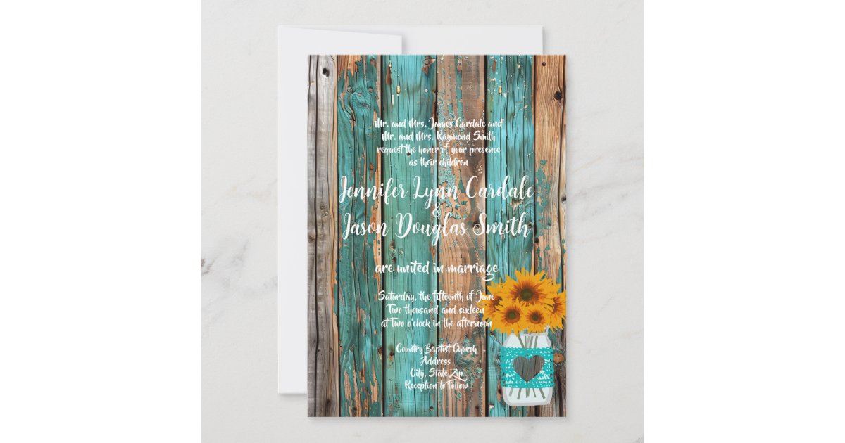 Rustic Country Teal Barn Wood Sunflower Mason Jar Invitation | Zazzle
