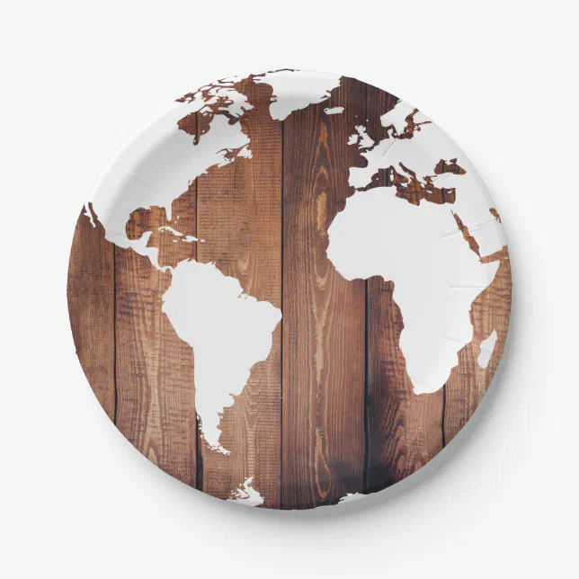 Rustic Dark Wooden Planks & White World Map Paper Plate | Zazzle