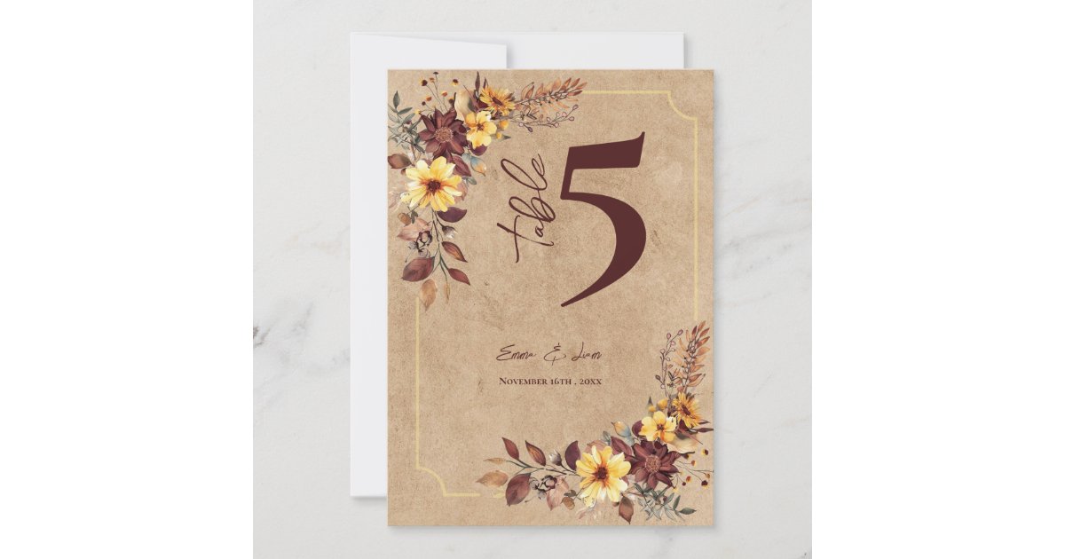 Rustic Editable Fall Floral Wedding Table Number | Zazzle