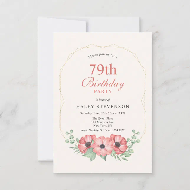 Rustic Elegant Blush Pink Floral 79th Birthday Invitation | Zazzle