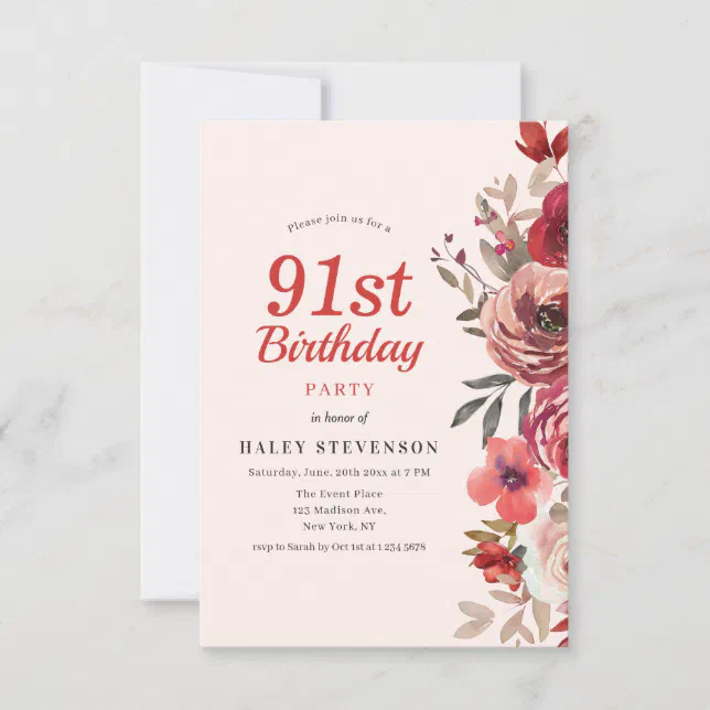Rustic Elegant Boho Chic Floral 91st Birthday Invitation | Zazzle