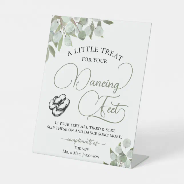 Rustic Eucalyptus Dancing Feet Flip Flop Wedding Pedestal Sign | Zazzle