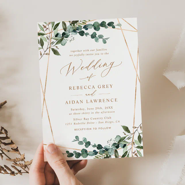 Rustic Eucalyptus Greenery Gold Wedding Invitation | Zazzle