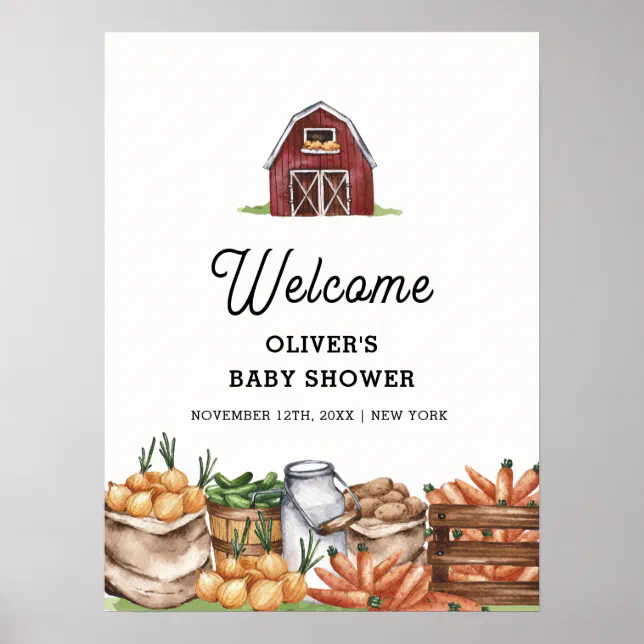 Rustic Farm Barnyard Veggie Baby Shower Welcome Poster | Zazzle