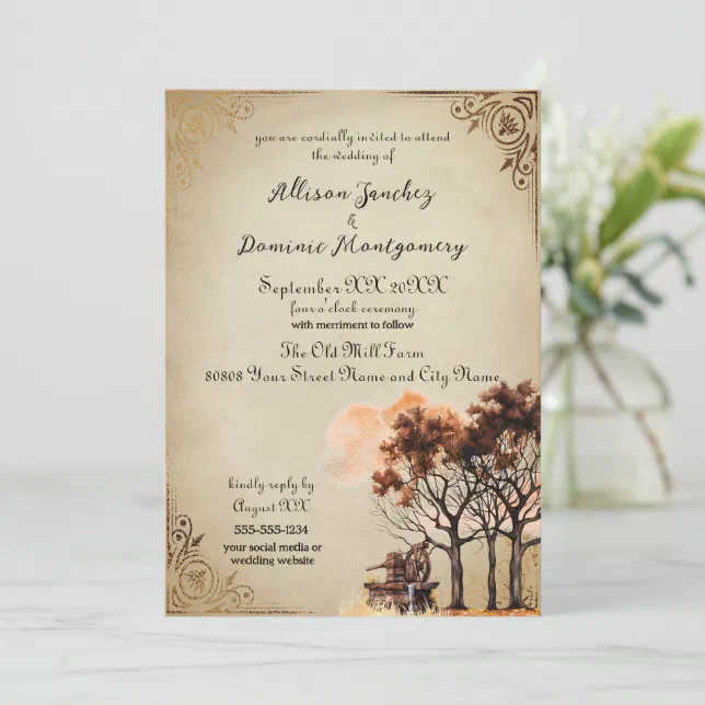 Rustic Farm Trees Romantic Autumn Wedding Invitation | Zazzle