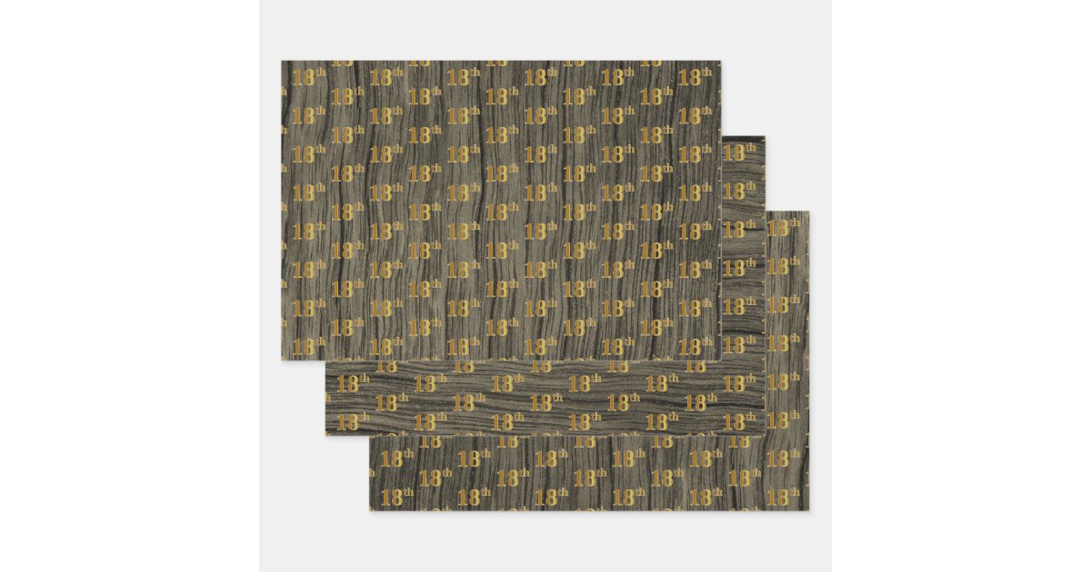Rustic Faux Wood Grain, Elegant Faux Gold "18th" Wrapping Paper Sheet ...