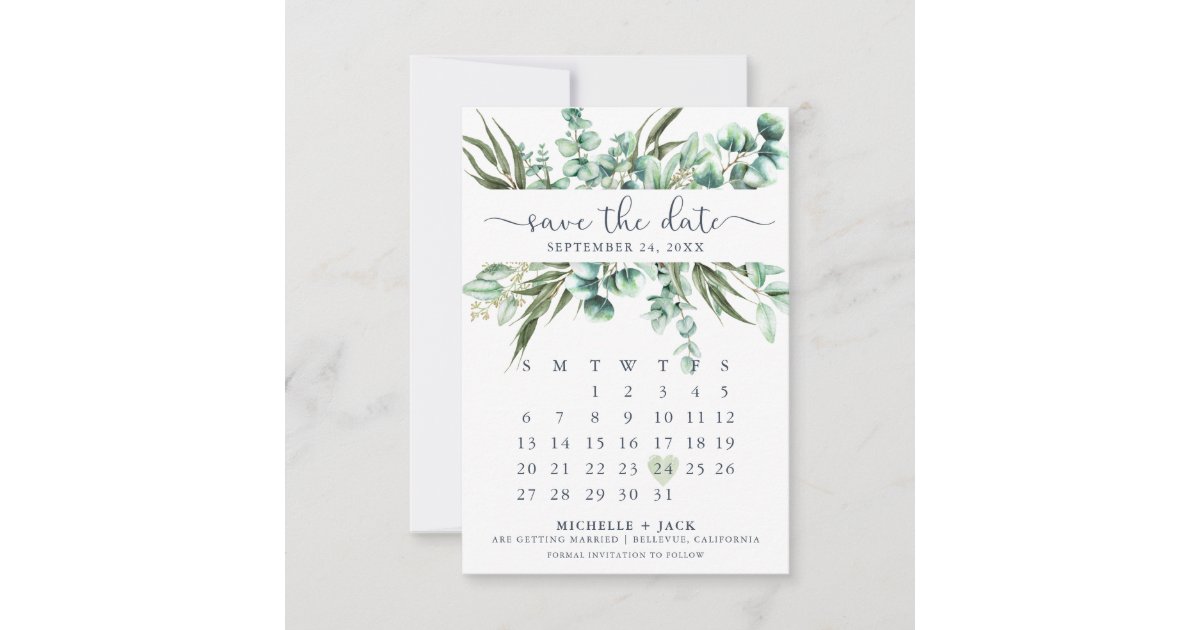Rustic Greenery Eucalyptus Modern Calendar Save The Date | Zazzle