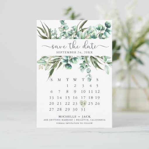Rustic Greenery Eucalyptus Modern Calendar Save The Date | Zazzle
