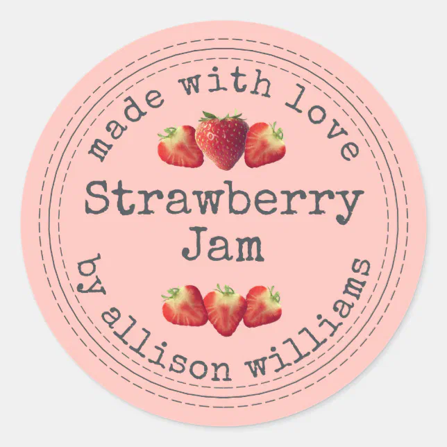 Rustic Homemade Strawberry Jam Pastel Pink Classic Round Sticker | Zazzle