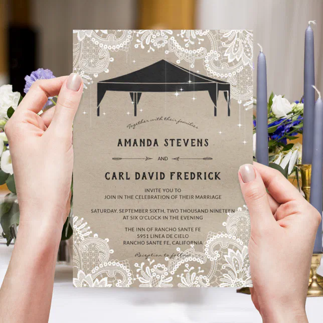 Rustic Kraft Lace Outdoor Tent Wedding Invitation | Zazzle