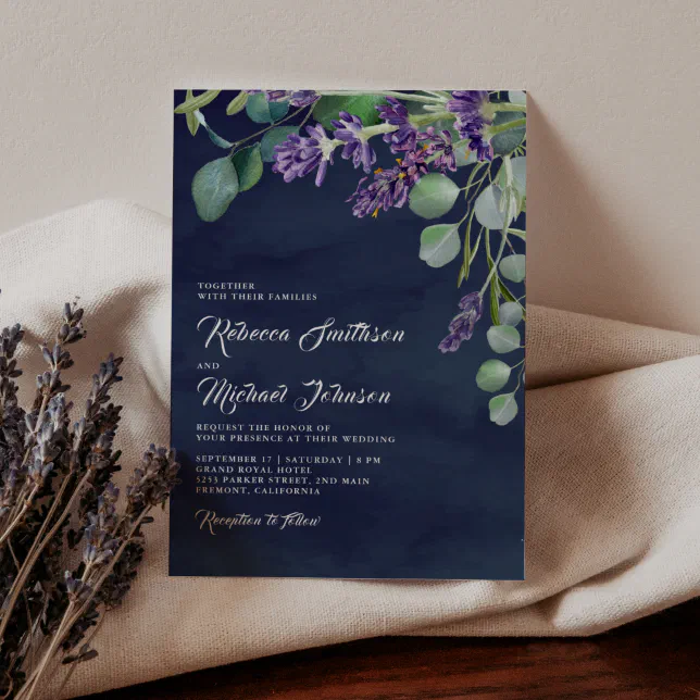 Rustic Lavender and Eucalyptus Navy Blue Wedding Invitation | Zazzle